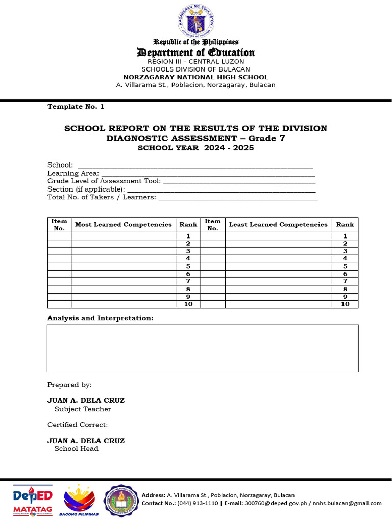 Filipino Dept Diagnostic Template 1 | PDF