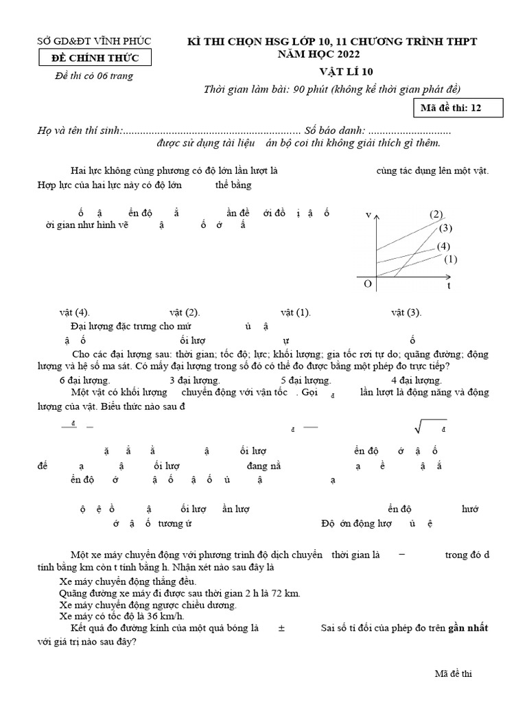 De Thi Hoc Sinh Gioi Vat Li 10 Nam 2022 2023 So GDDT Vinh Phuc | PDF