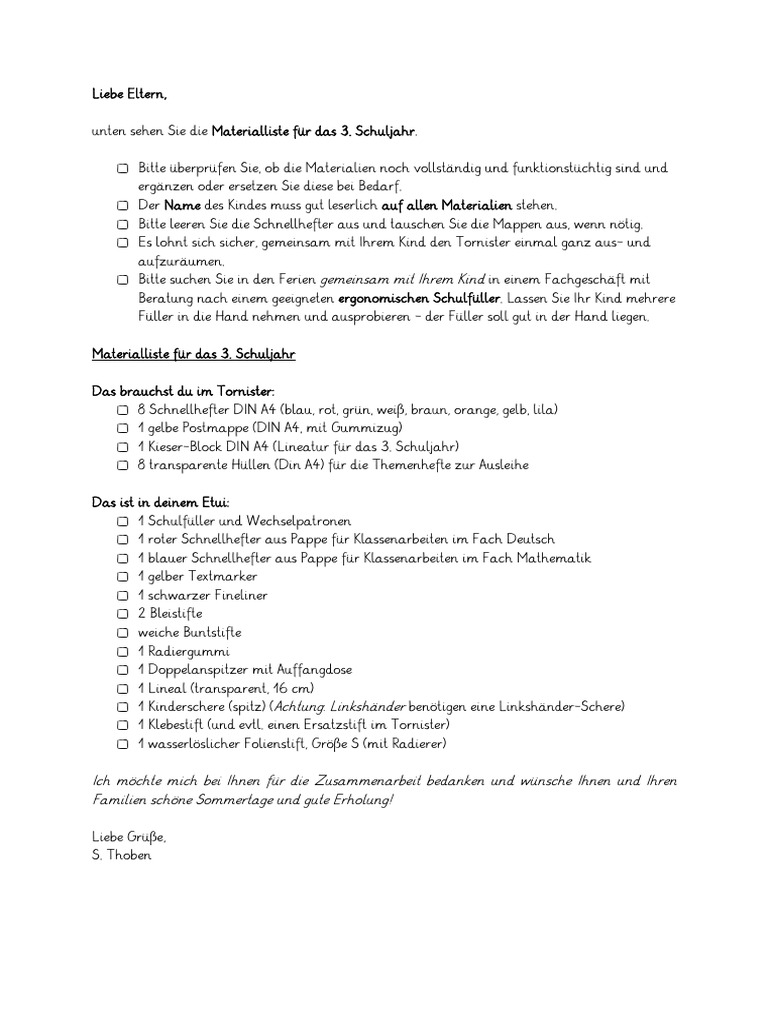 Materialliste Für Klasse 3 SJ 24 25 | PDF