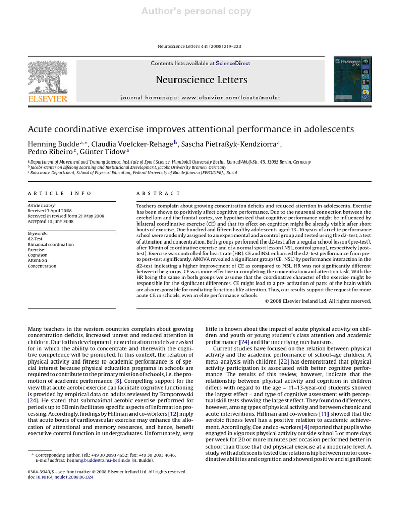 Acute Coordinative Exercise Improves Attentional Performance in Adolescents | PDF