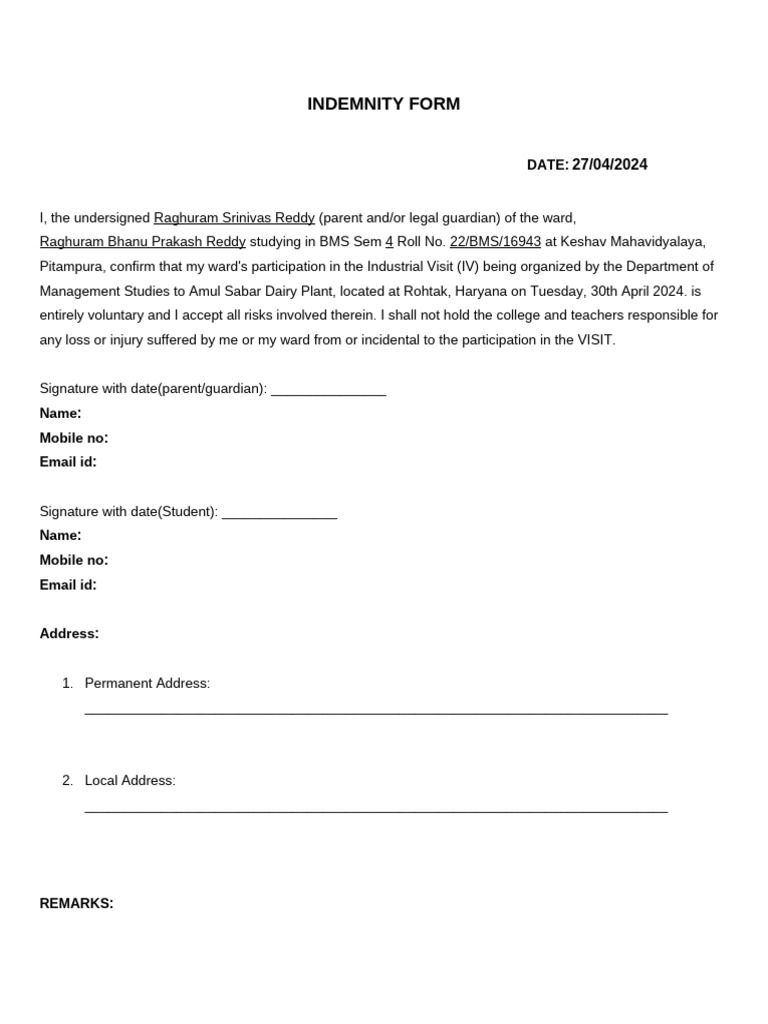 Indemnity Form 2024 | PDF