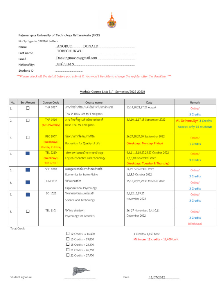 1 - 1st Year - All Course Register Form - Semester 1 - (DONALD) ) | PDF