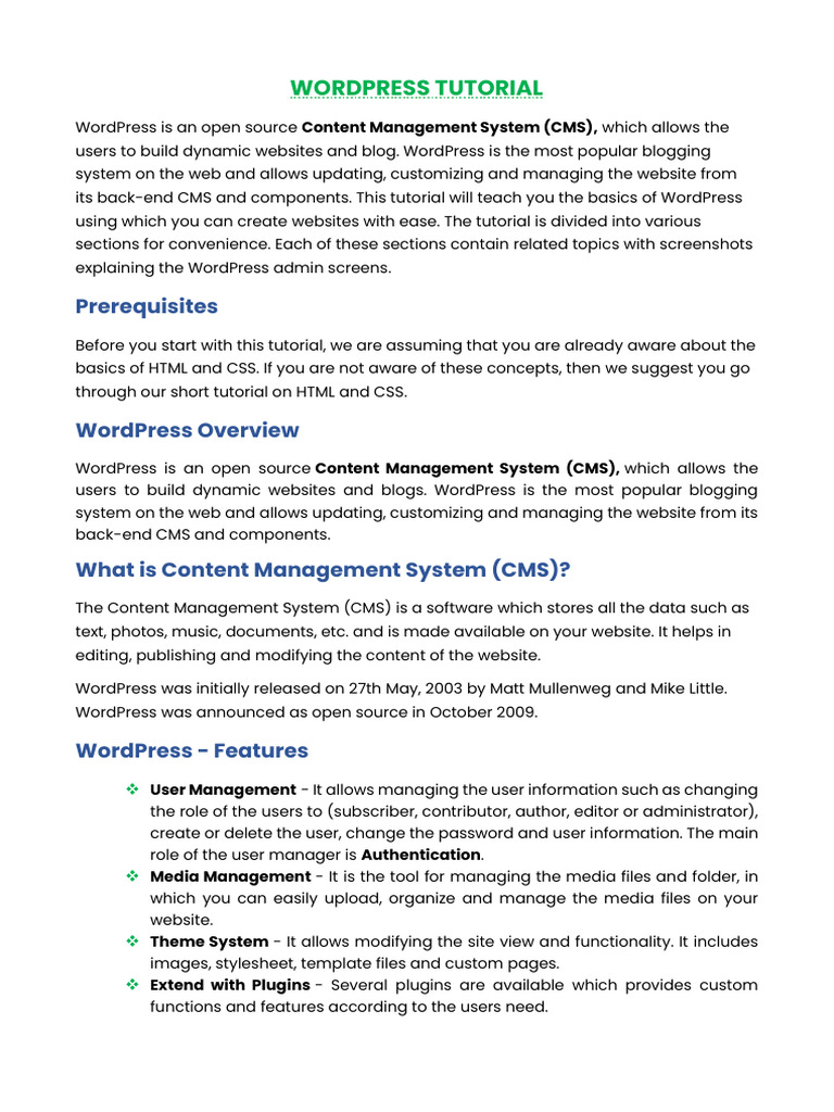 1 WordPress, Pre-Requistions and Installation | PDF