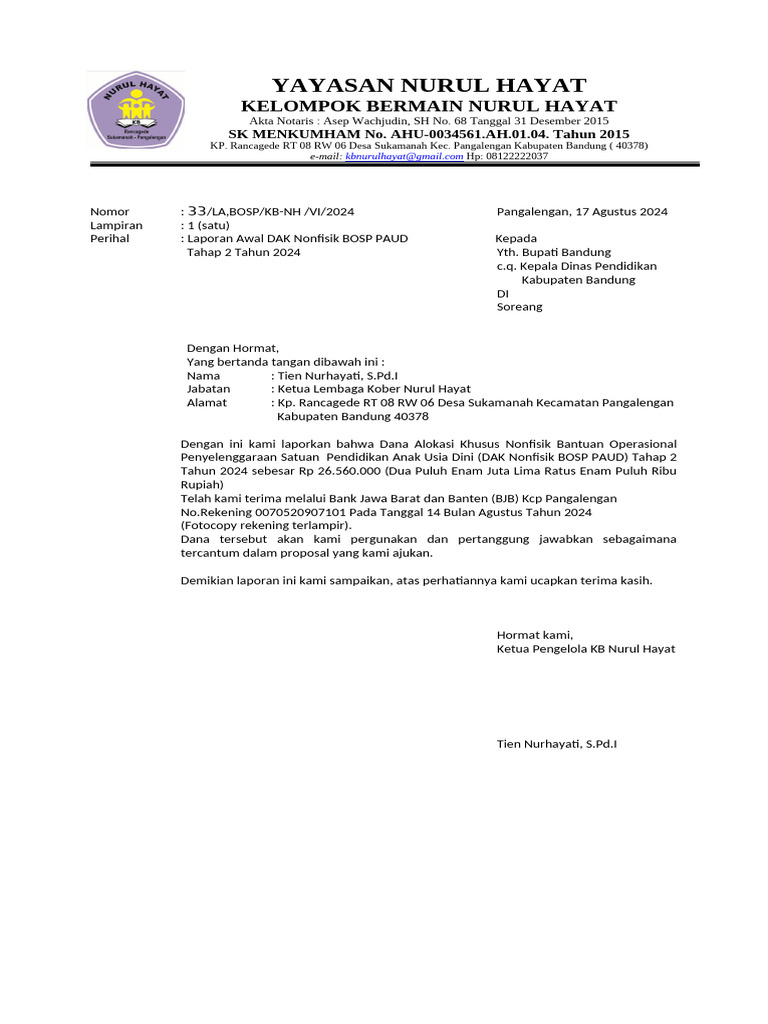 Format Laporan Awal Bosp Paud 2024 | PDF