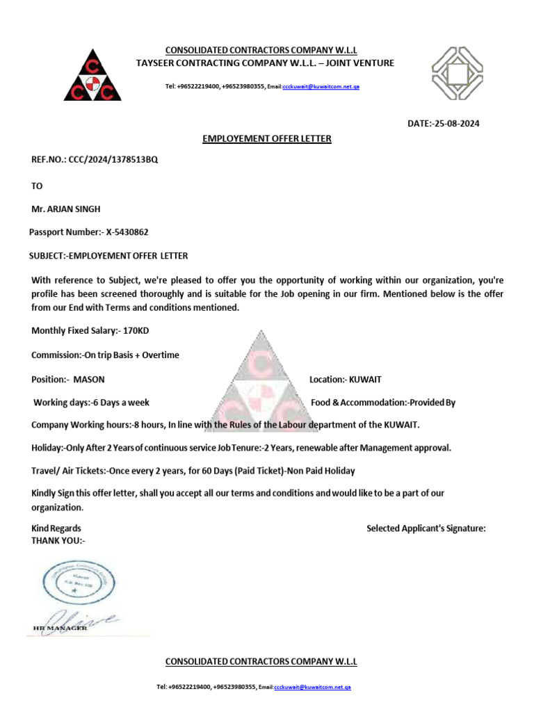 CCC Kuwait Offer Letter Arjan Singh | PDF