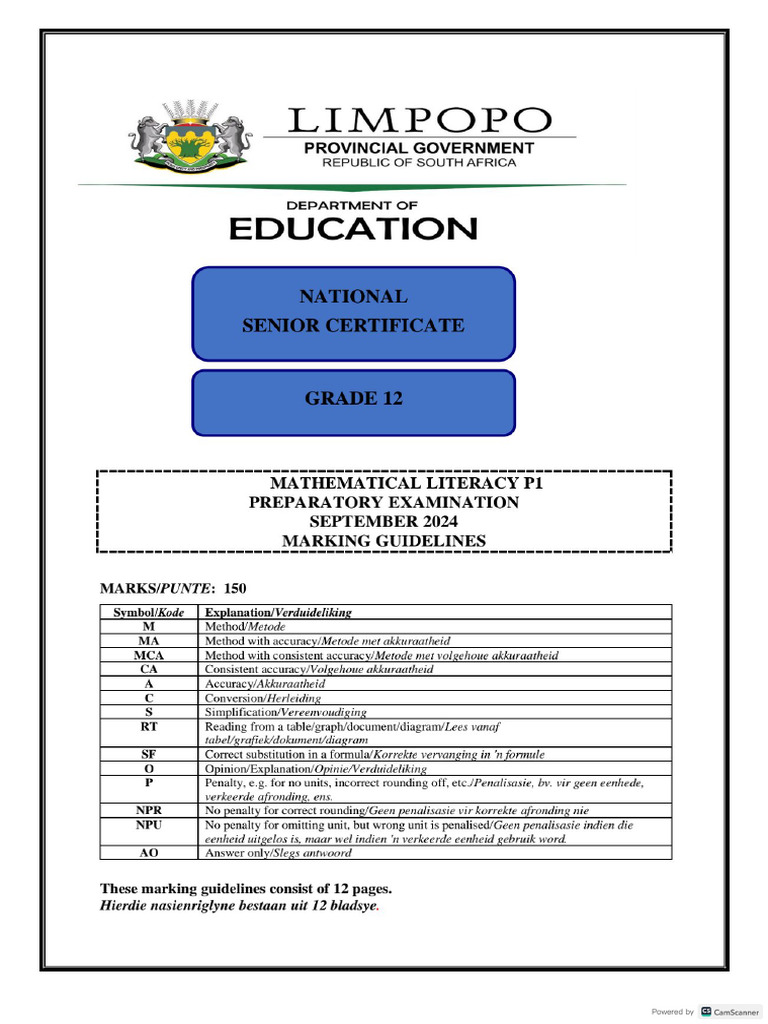 Math. Literacy P1 Memo Eng&Afr | PDF