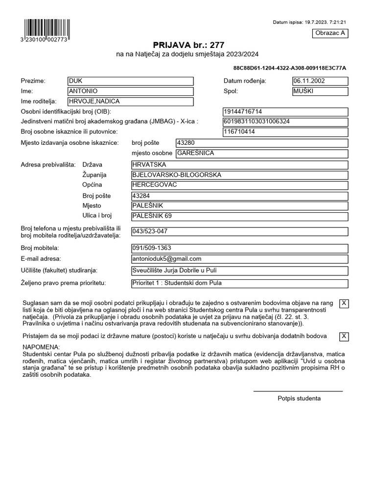 Ispunjena I Potpisana E-Prijava (Obrazac A) | PDF