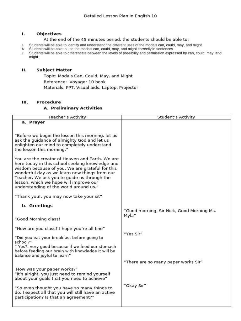 Grade 10 Detailed Lesson Plan - Modals Can, Could, May, and Might | PDF