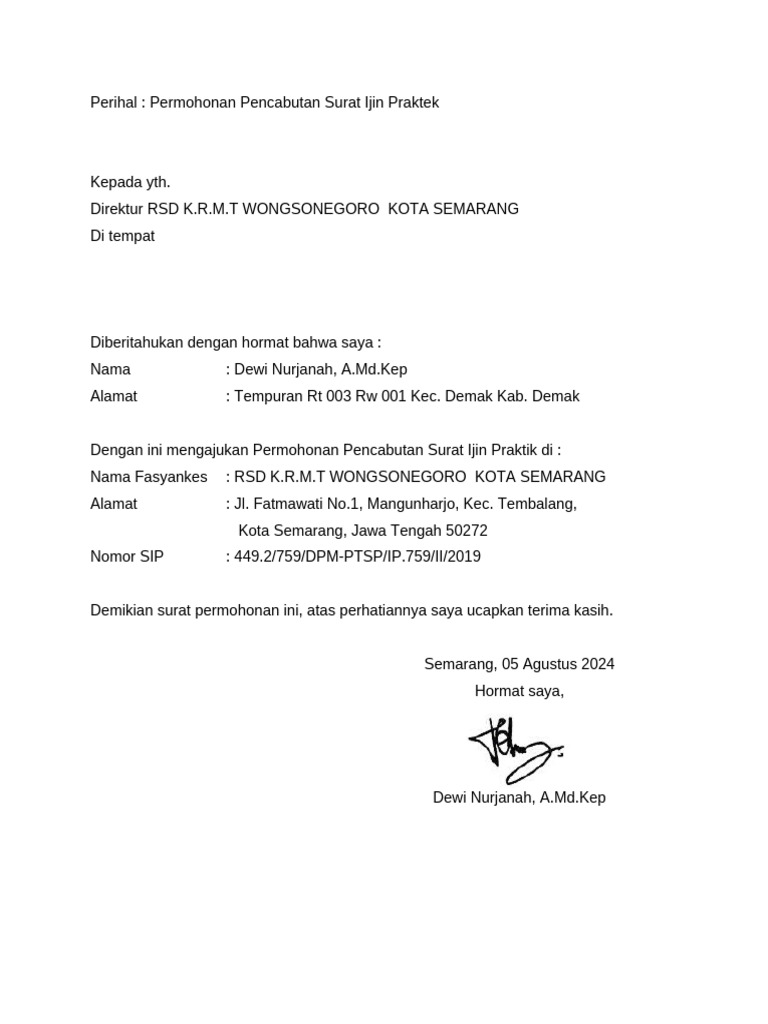 Surat Permohonan Pencabutan SIP Dewi Nurjanah, A.Md - Kep | PDF