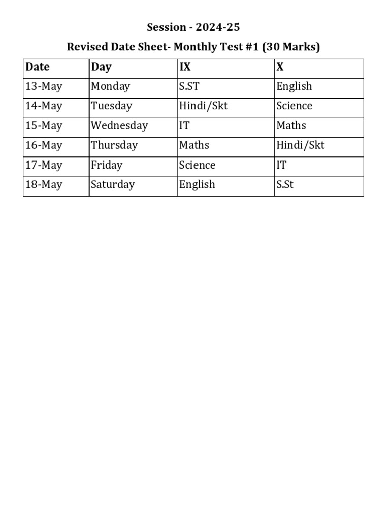 Monthly Test-Date Sheet (Ix, X) | PDF
