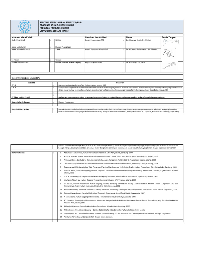 RPS Hukum Perusahaan Kelas C Dan H | PDF