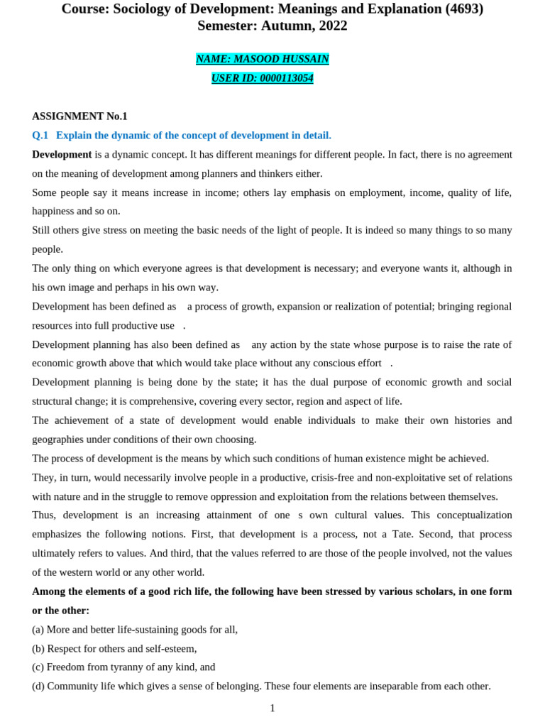 Assignment No.1: Q.1 Explain The Dynamic of The Concept of Development ...