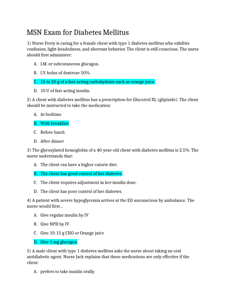 MSN Exam For Diabetes Mellitus | PDF | Diabetes | Science & Mathematics