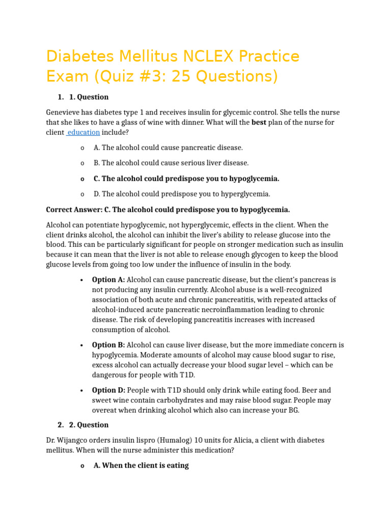 Diabetes Mellitus NCLEX Practice Exam 3 | PDF | Diabetes | Wellness