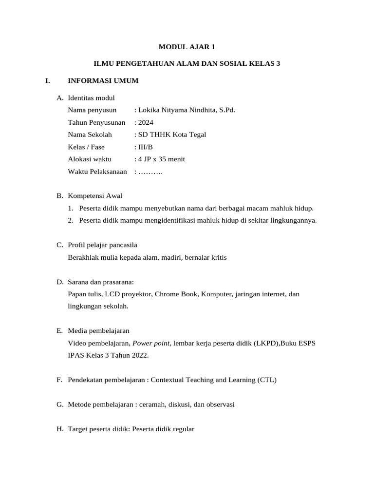 Modul Ajar Ipas Kelas 3 Semester 1 2024 - 2025 | PDF