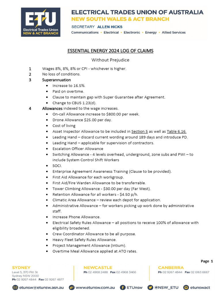 Essential Energy - Log of Claims - ETU | PDF