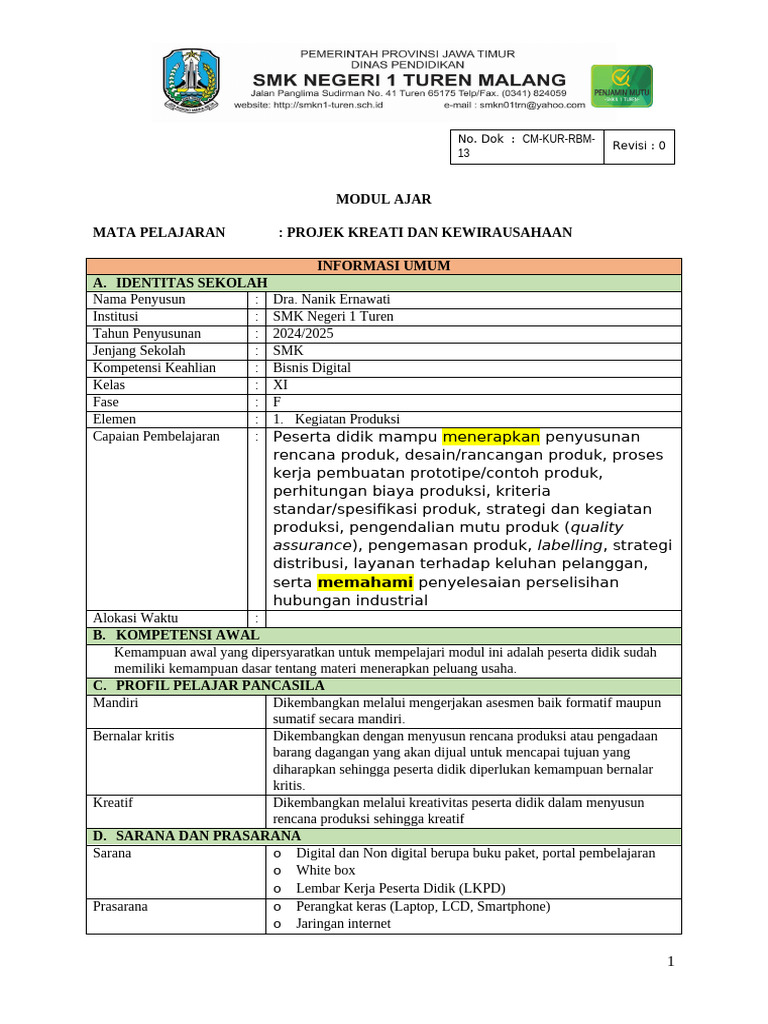 6 - Modul Ajar (Ma) PKK Elemen KP - 1.1. Menerapkan Rencana Produk - 2024-2025 | PDF