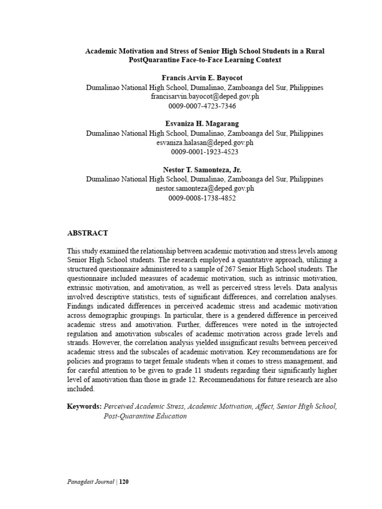 Academic Motivation and Stress of SHS Post COVID | PDF | Motivation ...