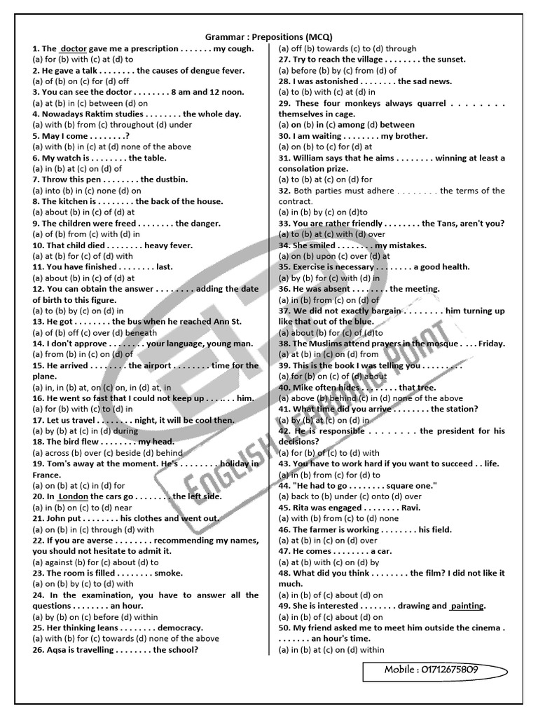 Grammar MCQ Prepositions | PDF