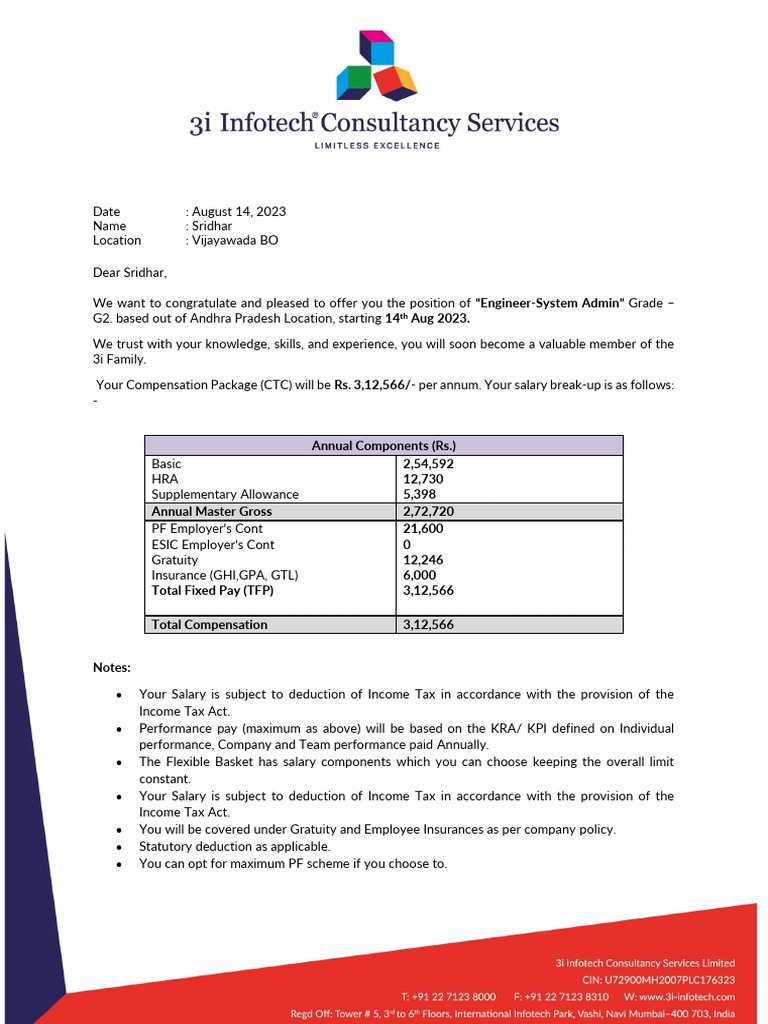 3i Offer Letter - Sridhar | PDF