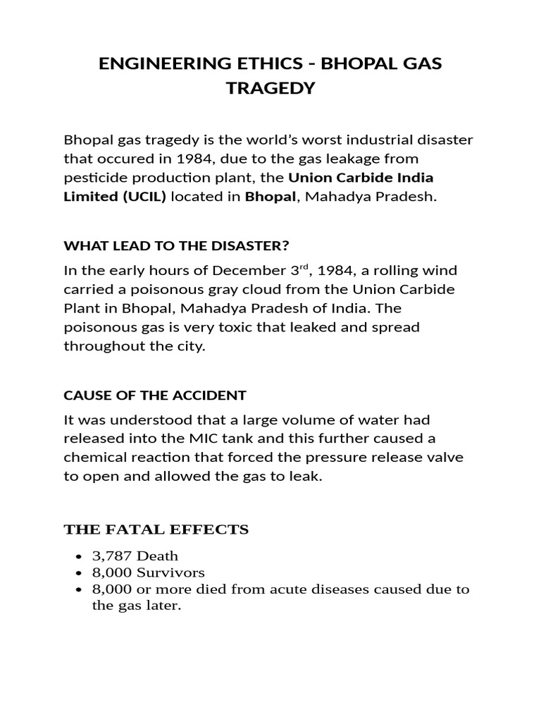 Engineering Ethics - Bhopal Gas Tragedy Hard | PDF