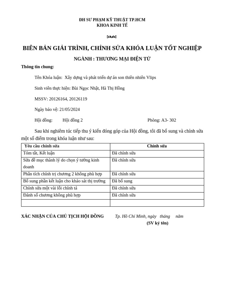 Biên Bản Giải Trình Chỉnh Sửa KLTN | PDF
