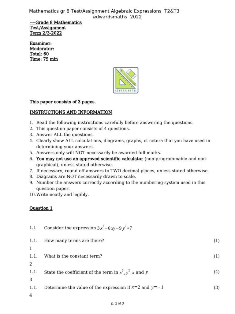 Grade 8 Algebraic Expressions Test | PDF | Mathematics