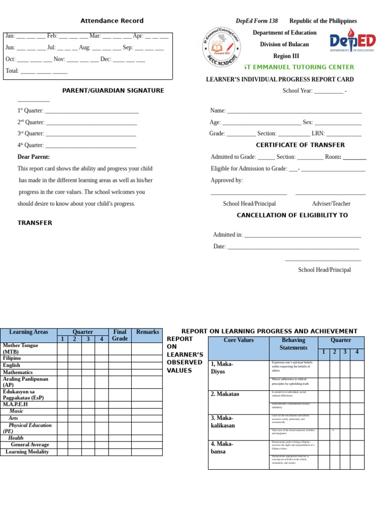 DepEd Form 138 | PDF