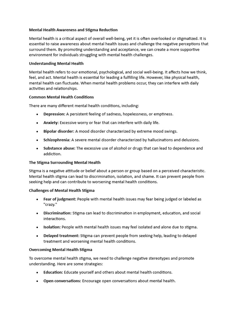 Mental Health Awareness and Stigma Reduction | PDF