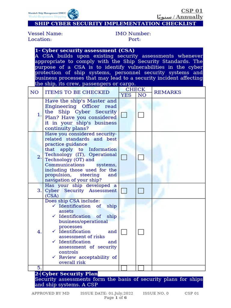 CSP01 - Ship Cyber Security Implementation Checklist | PDF