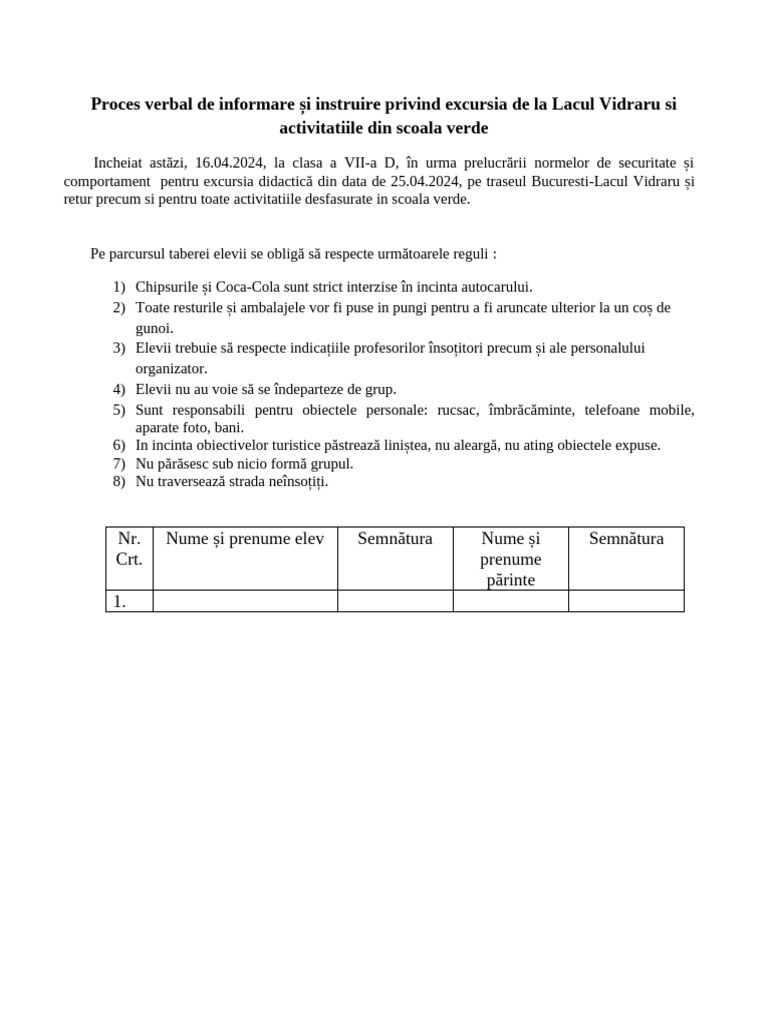 Proces Verbal de Informare Și Instruire Privind Excursia de La Vidraru | PDF