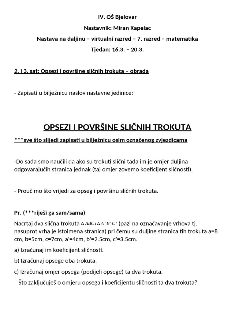 Matematika 2. I 3. Sat Virtualne Ucionice - Opseg I Povrsina Slicnih ...