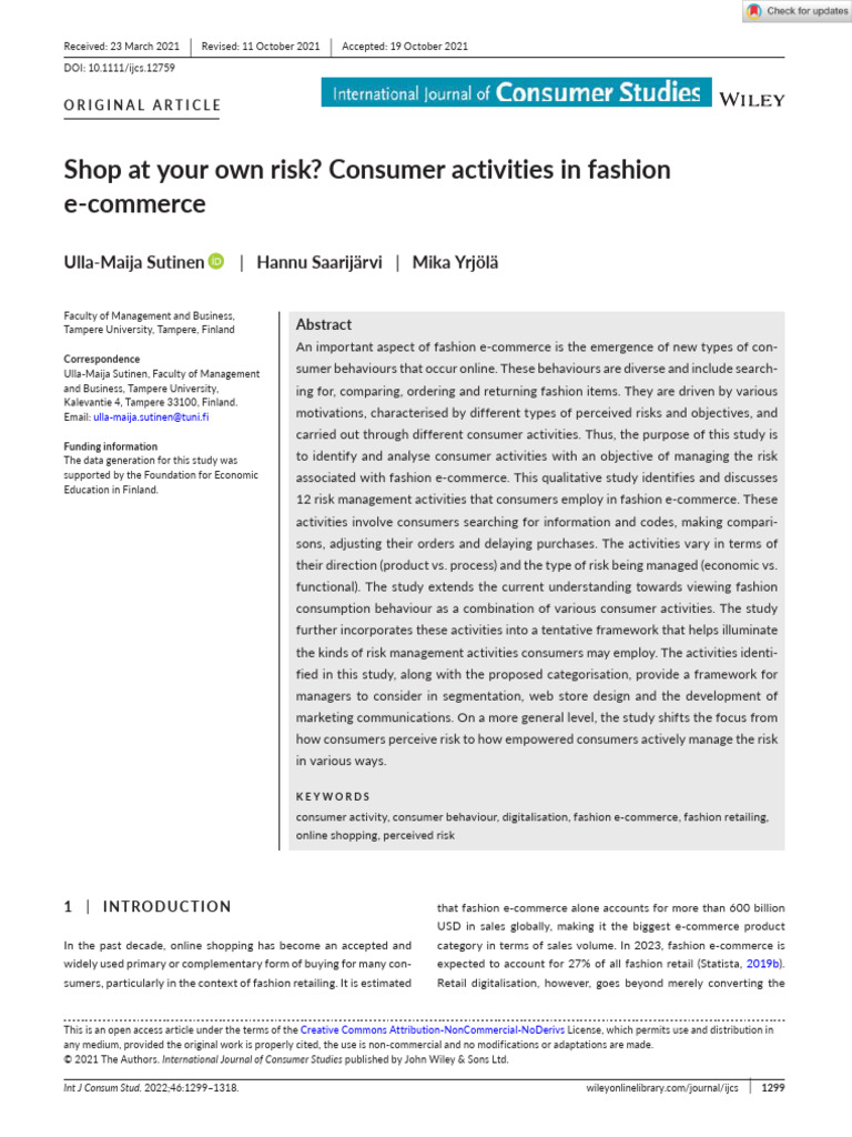Int J Consumer Studies - 2021 - Sutinen - Shop at Your Own Risk ...