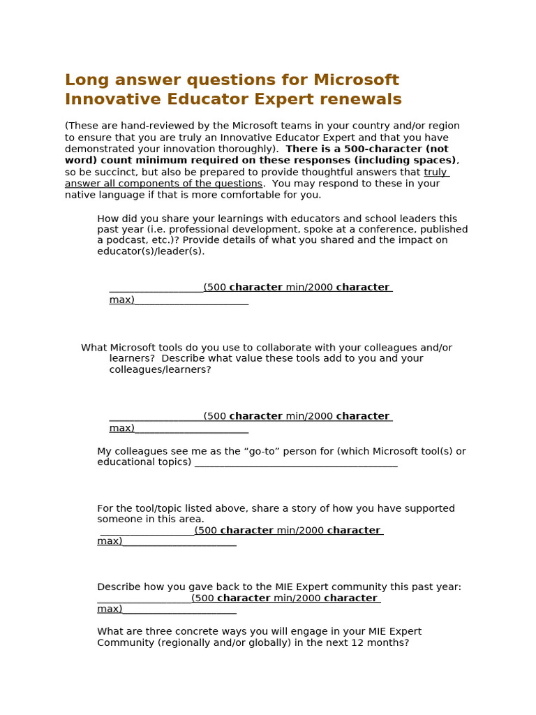 Long Answer Questions For Microsoft Innovative Educator Expert Renewals ...