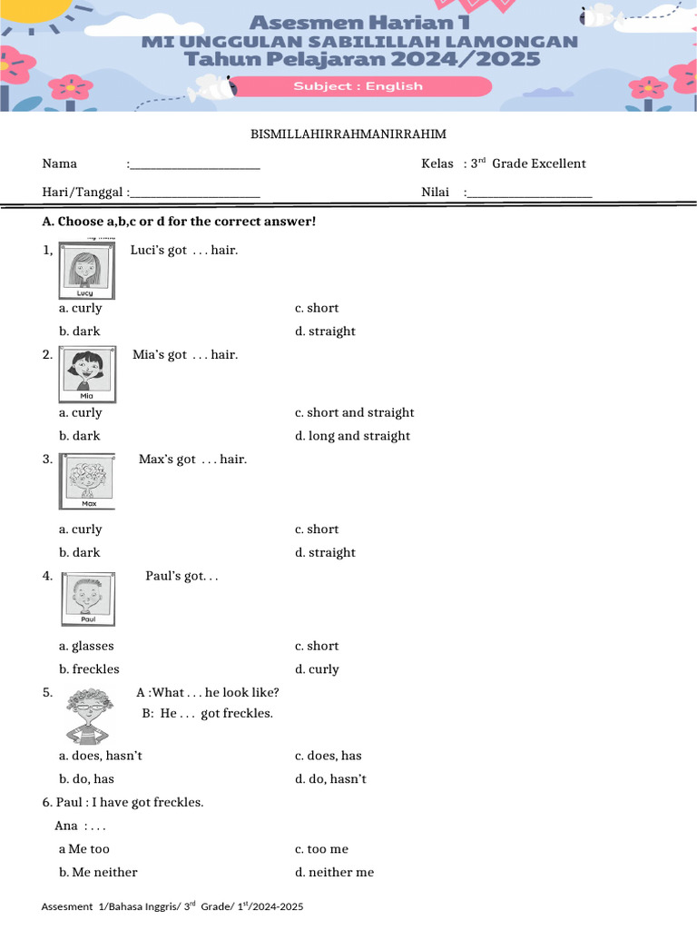 Asessment 1 3rd Grade Ex Pdf