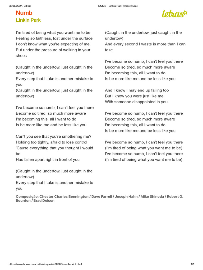 NUMB - Linkin Park (Impressão) | PDF | Rock (música) | Músicas de rock