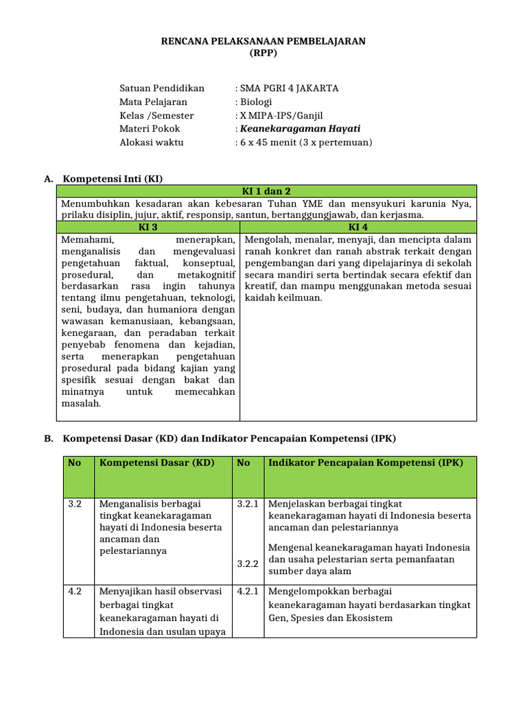 RPP KD 3.2 Kelas X Keanekaragaman HYT | PDF