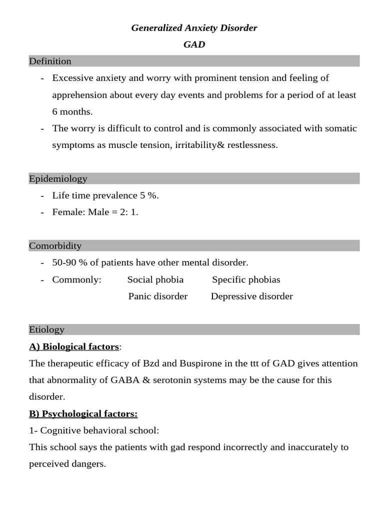 Generalized Anxiety Disorder GAD: A) Biological Factors | PDF