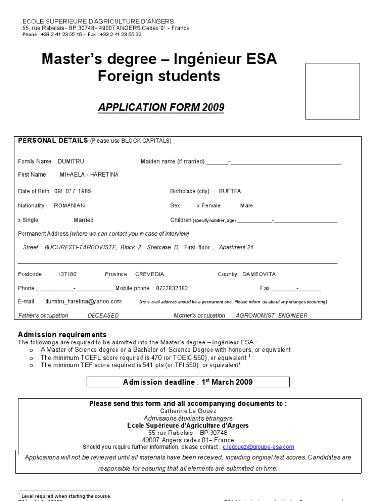 Master's Degree - Ingénieur ESA Foreign Students: Application Form 2009 ...