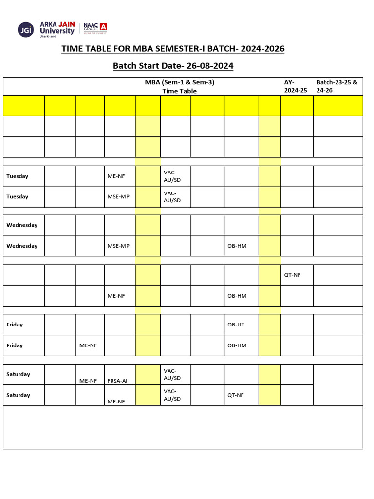 Mba Semester - 1 Timetable With Faculty Name | PDF