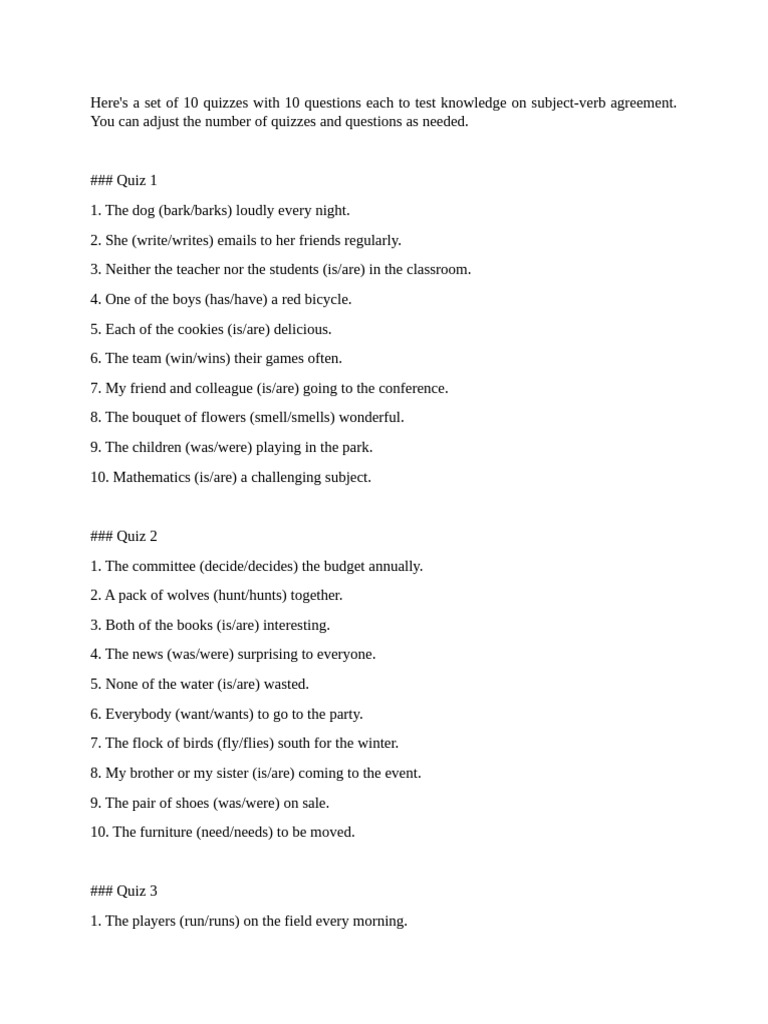 Subject-Verb Agreement Quizzes | PDF