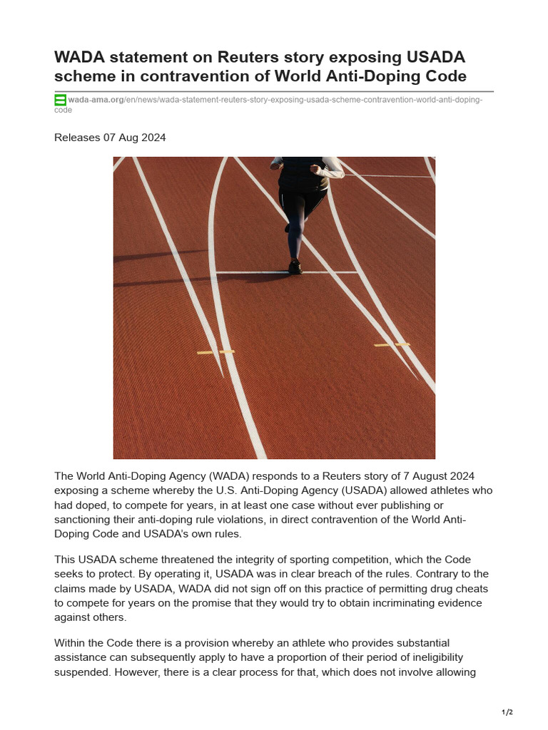 WADA Statement On Reuters Story Exposing USADA Scheme in Contravention of World Anti-Doping Code ...