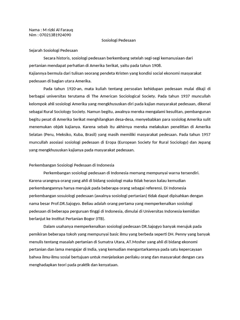Sosiologi Pedesaan M RIZKI AL FARAUQ | PDF