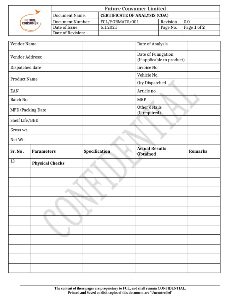 001 Certificate of Analysis (COA) | PDF