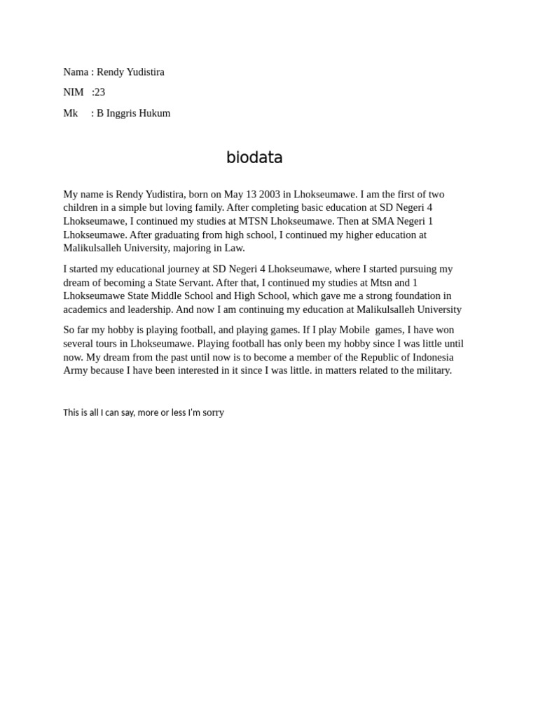 Tugas Biodata Rendy Yudistira | PDF