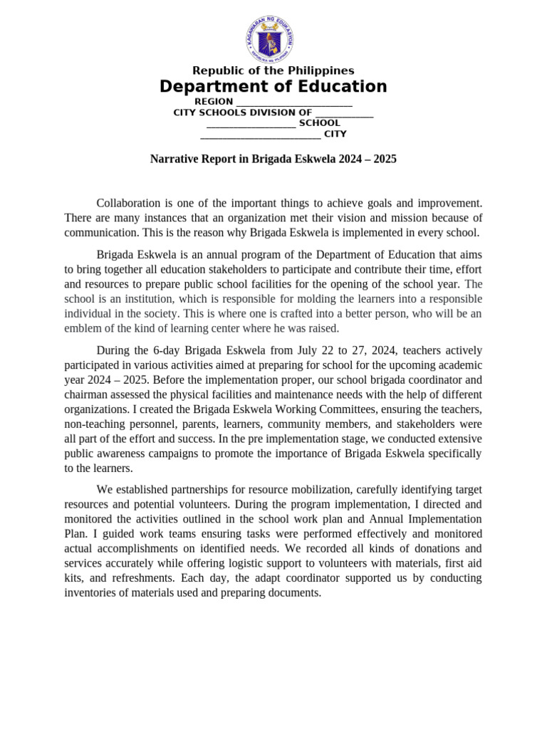 Narrative Report in Brigada Eskwela 2024 | PDF