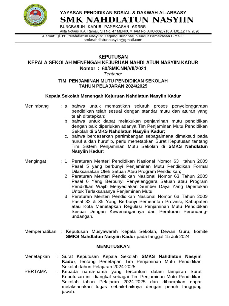 SK TIM Penjamin Mutu Pendidikan | PDF