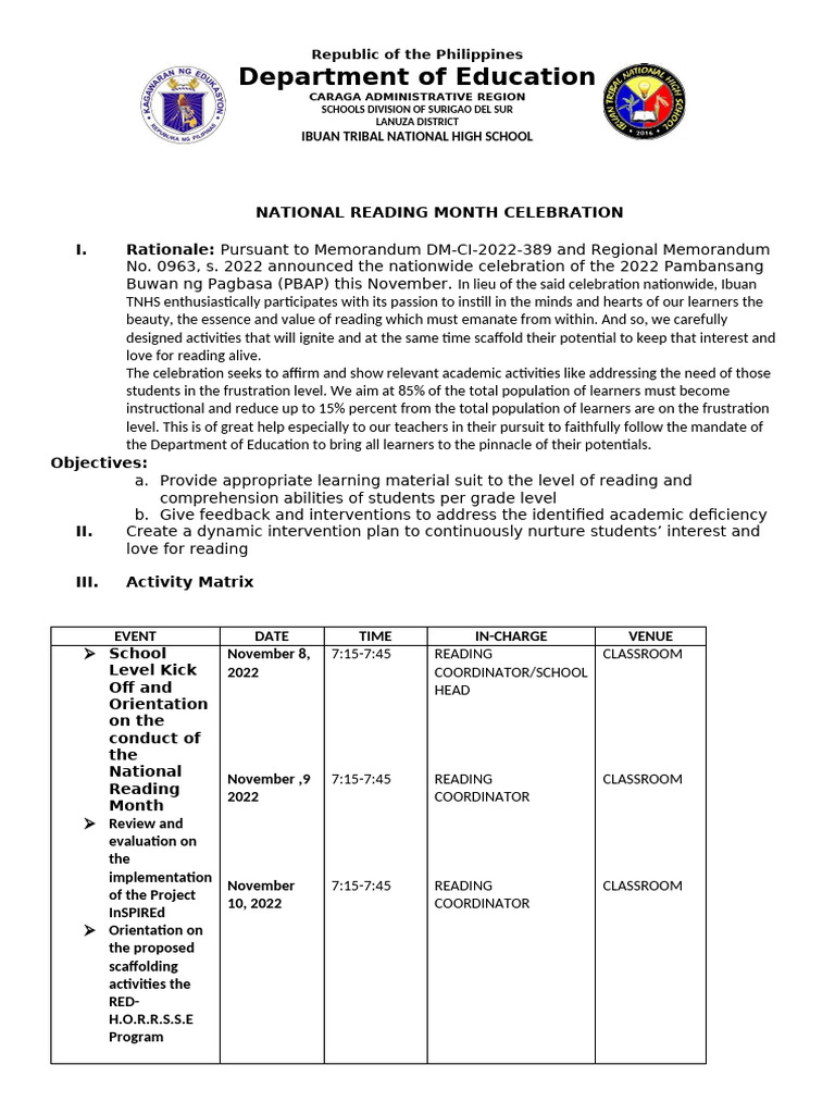 National Reading Month Celebration Matrix of Activities | PDF
