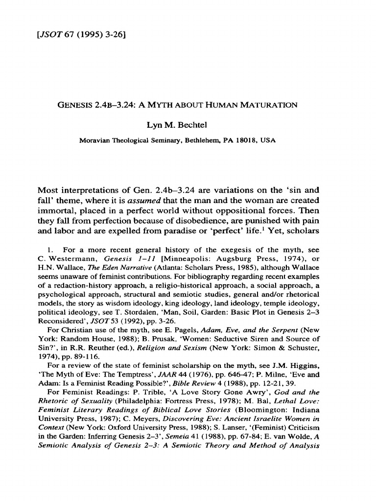 Bechtel 1995 Genesis 2 4b 3 24 A Myth About Human Maturation | PDF