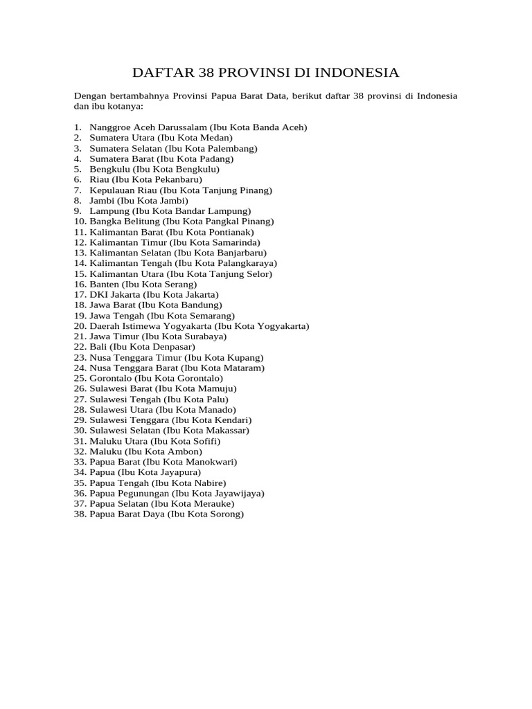 DAFTAR 38 PROVINSI DI INDONESIA Beserta Ibukotanya | PDF